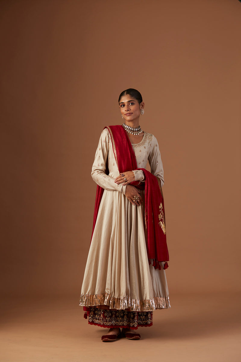 TOOSH SILK CHANDERI ANARKALI WITH TOOSH EMB PANTS AND GEO TUSSAR DUP ...