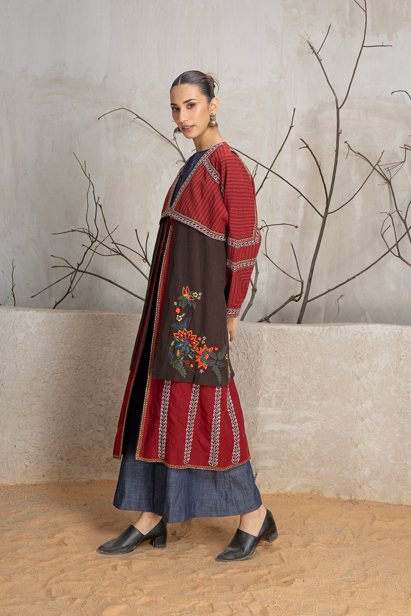 MADDER RED & BROWN LAYERED EMBROIDERED JACKET (1 PC) – Anju Modi