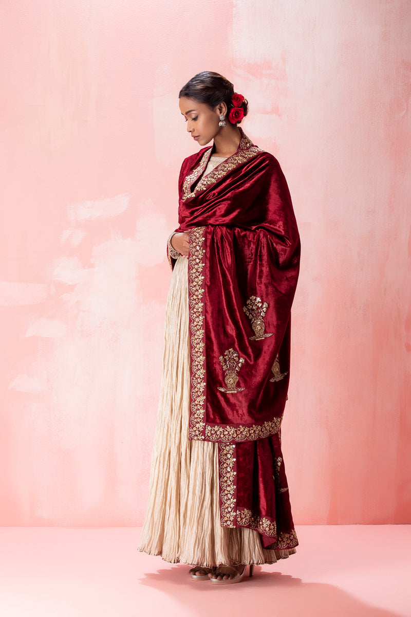 MAROON SILK VELVET EMBROIDERED DUSHALA (DUS-76) – Anju Modi