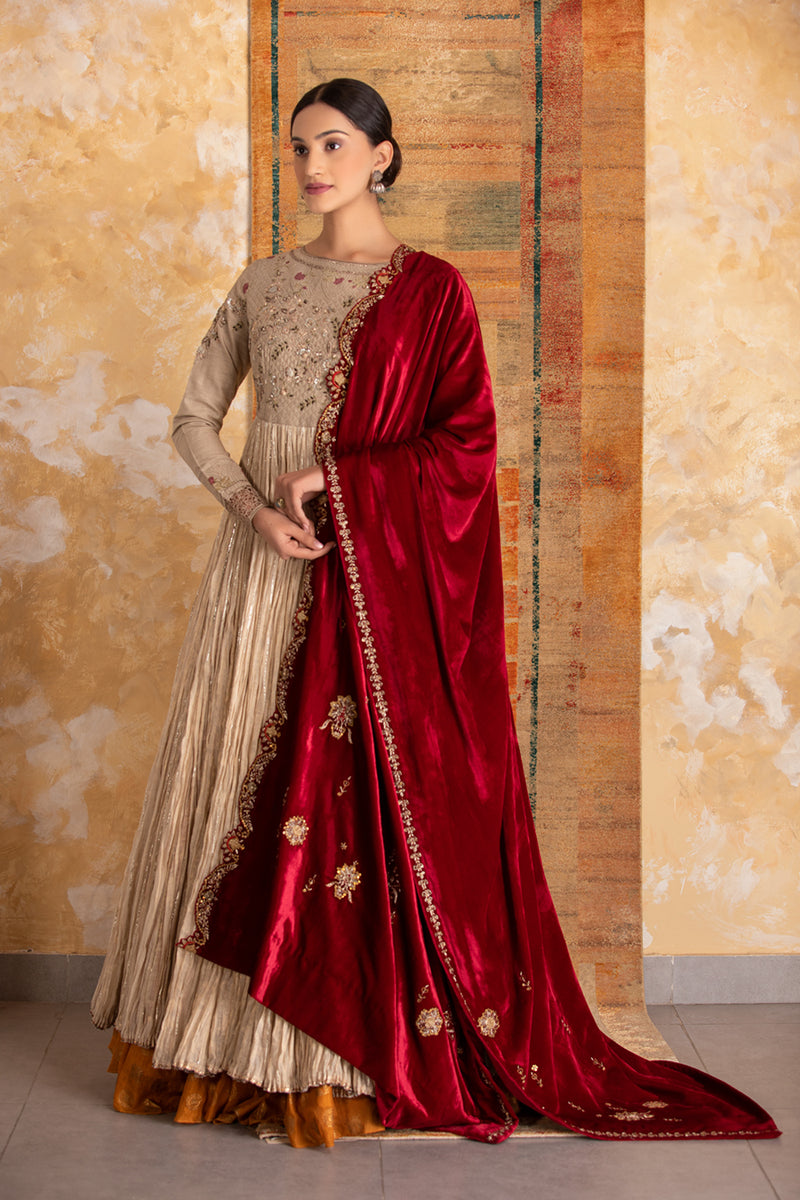 MAROON SILK VELVET EMBROIDERED DUSHALA ( DUS-14/21 ) – Anju Modi