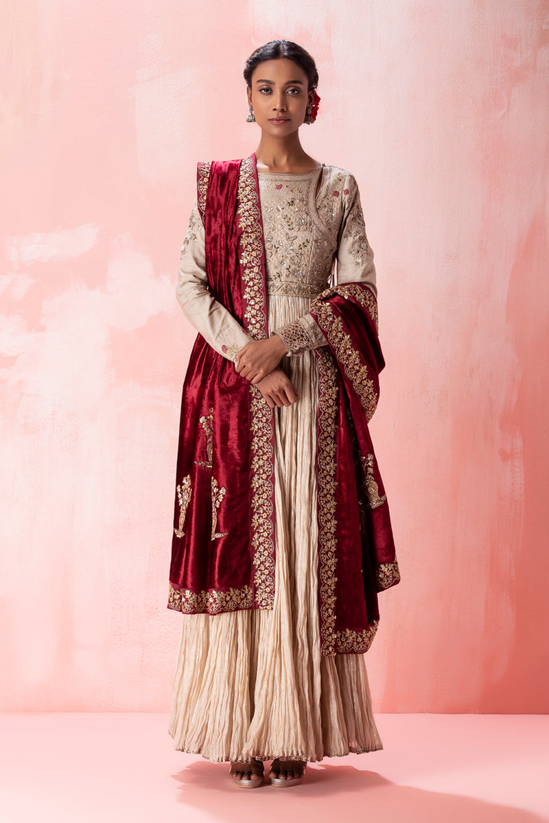 MAROON SILK VELVET EMBROIDERED DUSHALA (DUS-76) – Anju Modi